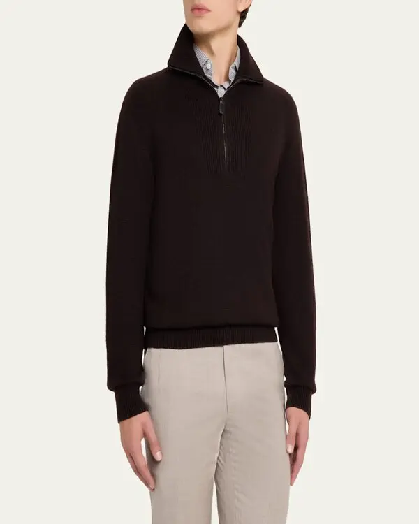 Brioni Cashmere And Silk Knit Half-zip Sweater - Coffee
