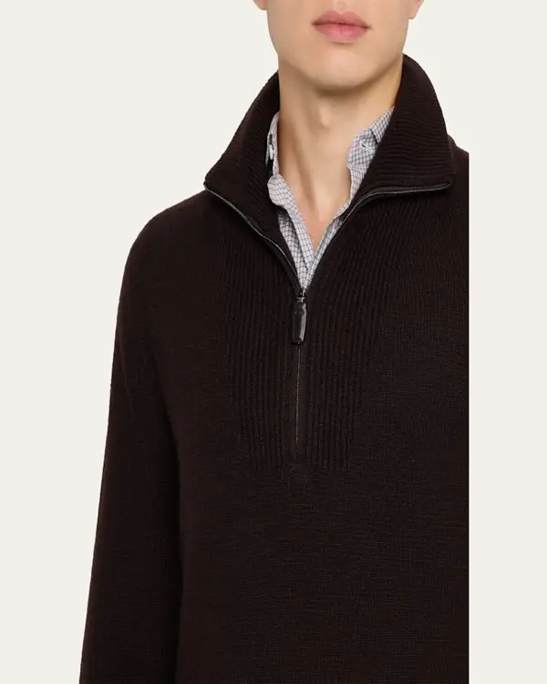 Brioni Cashmere And Silk Knit Half-zip Sweater - Coffee