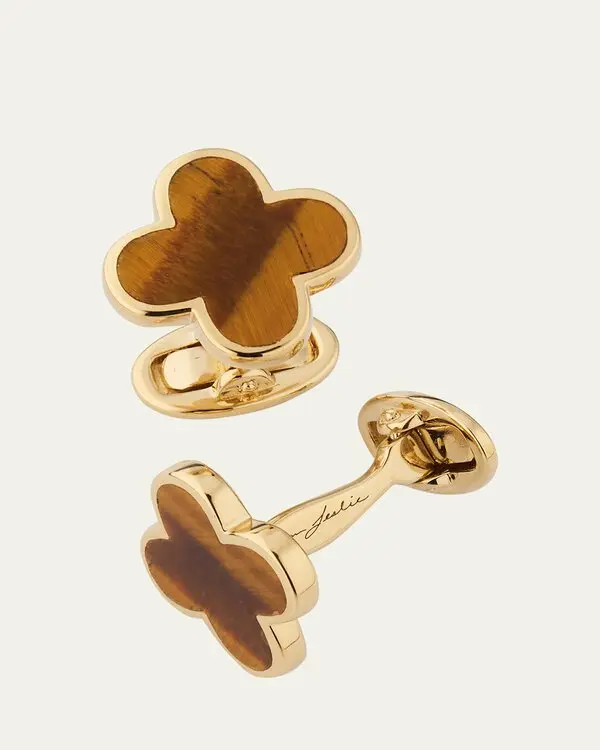 JAN LESLIE 18k Gold Vermeil Four Leaf Clover Tiger's Eye Cufflinks - Brown
