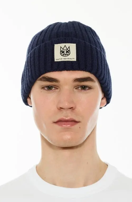 CULT OF INDIVIDUALITY Logo Label Wool Blend Knit Beanie - Midnight Blue