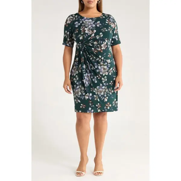 CONNECTED APPAREL Floral Ruched Knit Dress - Hunter