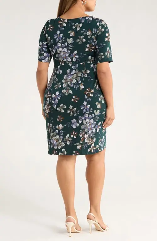 CONNECTED APPAREL Floral Ruched Knit Dress - Hunter
