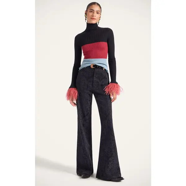 La DoubleJ High Kick Feather-trimmed Top - Color Block Black
