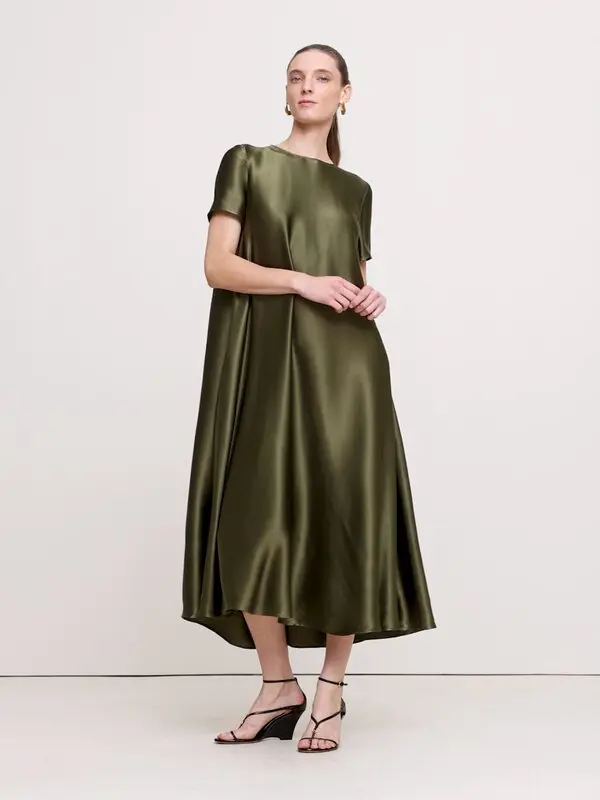 Banana Republic Aurelia Italian Satin Trapeze Dress - Spiced Olive Green |  Editorialist