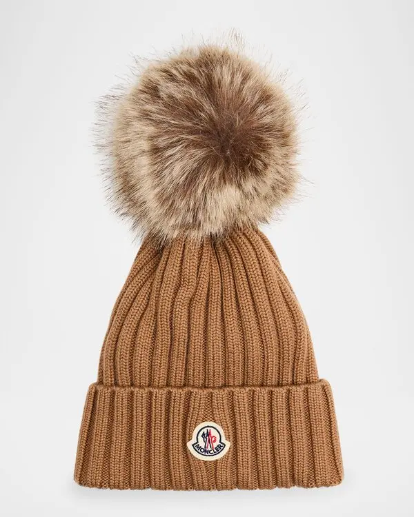 Moncler Ribbed Beanie With Faux Fur Pom - Tan