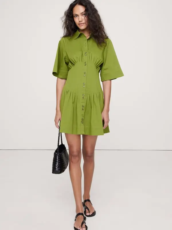 Banana Republic Women's Stretch-Cotton Poplin Pintuck Shirt Dress Cedar Olive Green Size XXS