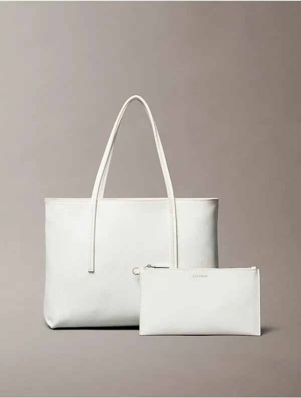 Calvin Klein Allover Emblem Logo Small Tote Bag With Pouch - Lily White Aop