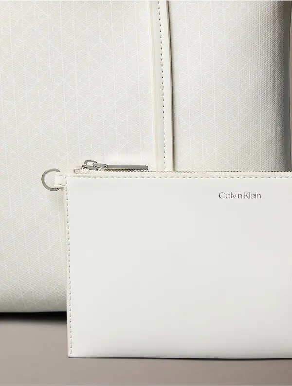 Calvin Klein Allover Emblem Logo Small Tote Bag With Pouch - Lily White Aop