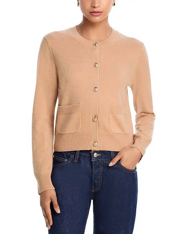 Aqua 100% Cashmere Crewneck Cardigan - Camel