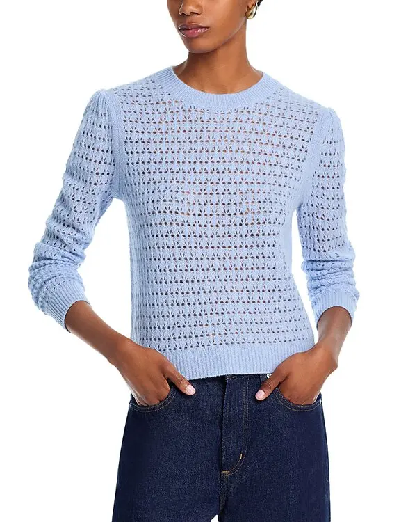 Aqua 100% Cashmere Openwork Crewneck Sweater - Chambray