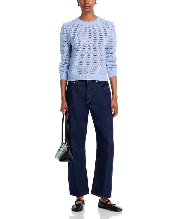 Aqua 100% Cashmere Openwork Crewneck Sweater - Chambray