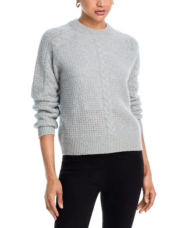 Aqua 100% Cashmere Basketweave Cable Crewneck Sweater