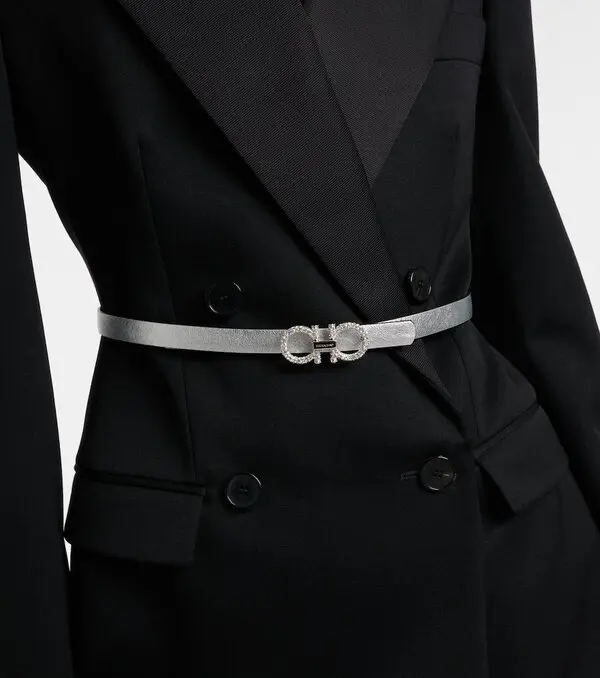 FERRAGAMO Gancini Metallic Leather Belt - Silver