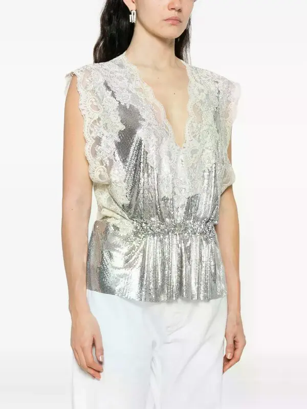 Rabanne Lace-insert Mesh Top - Silver