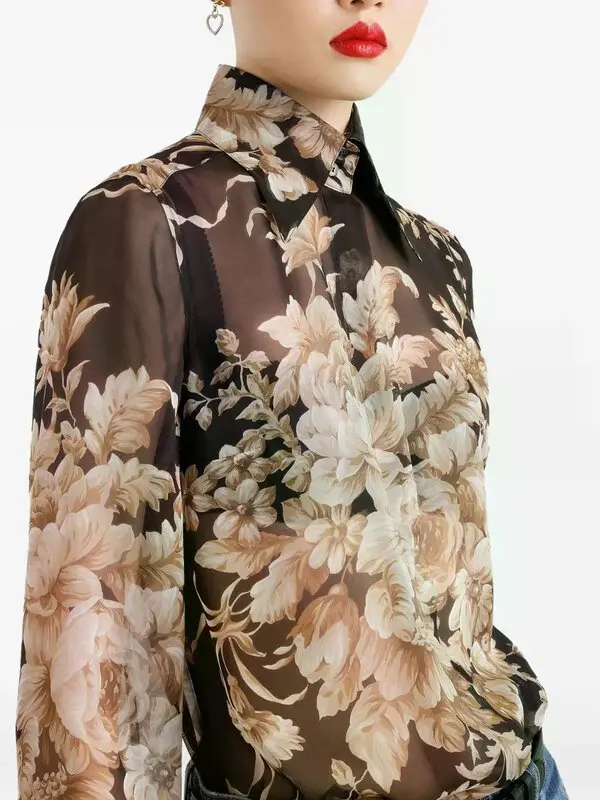 Dolce & Gabbana Rose-print Chiffon Shirt - Brown