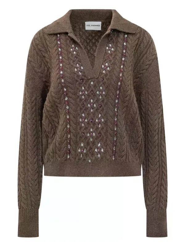 DES_PHEMMES Cable-knit Embellished Polo-neck Top