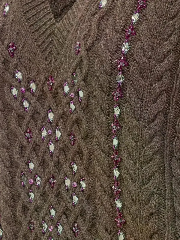 DES_PHEMMES Cable-knit Embellished Sweater - Brown