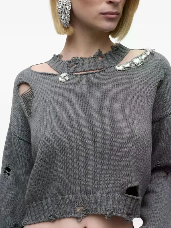 AREA Crystal-embellished Distressed Sweater