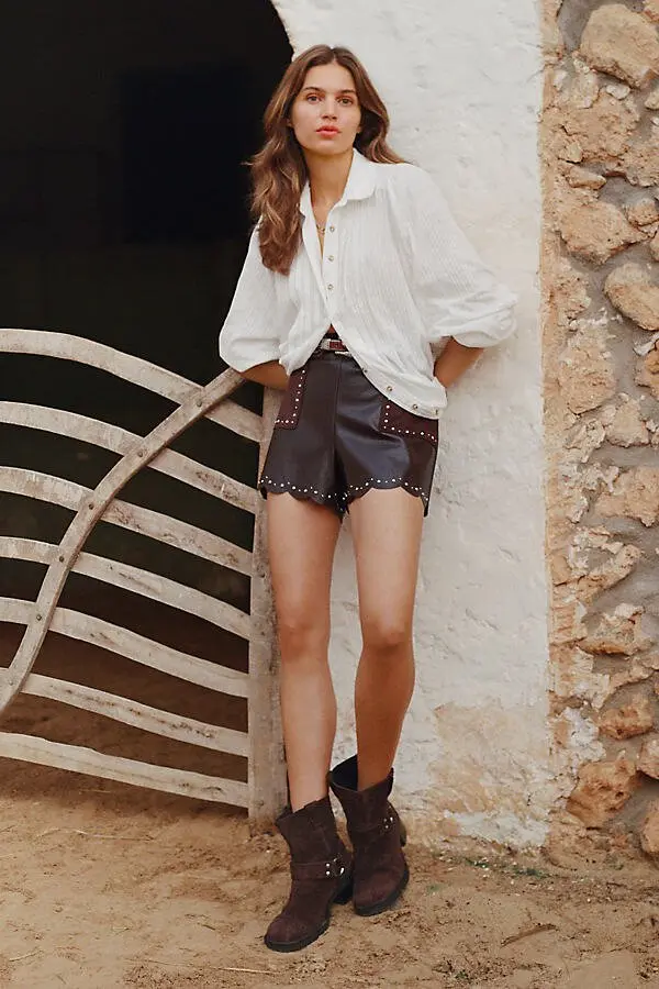 Anthropologie Studded Faux Leather Shorts - Cocoa