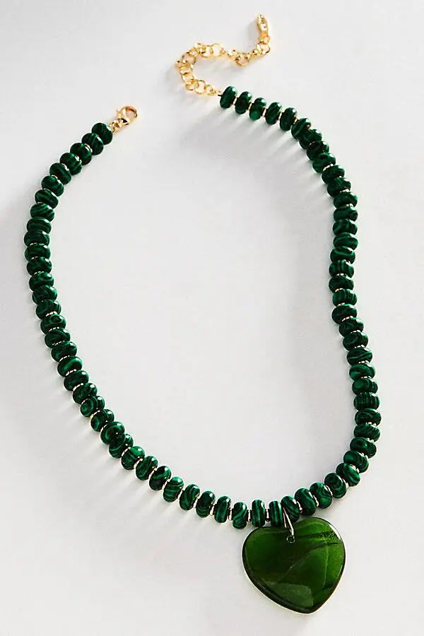 Anthropologie Mod Beaded Pendant Necklace - Malachite Heart