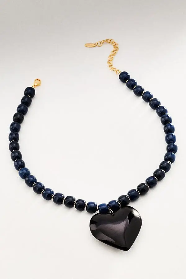 Anthropologie Mod Beaded Pendant Necklace - Navy Heart