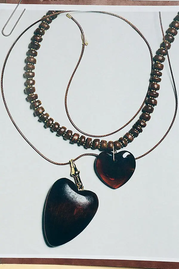 Anthropologie Mod Beaded Pendant Necklace - Wood Heart