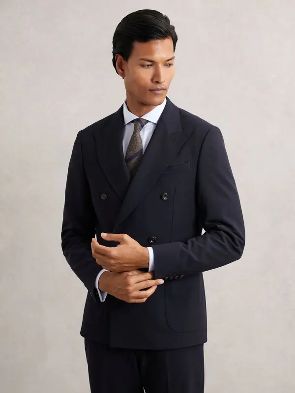 REISS Belmont Db Double-breasted Textured Suit Blazer Tailored-fit With Wool - Navy