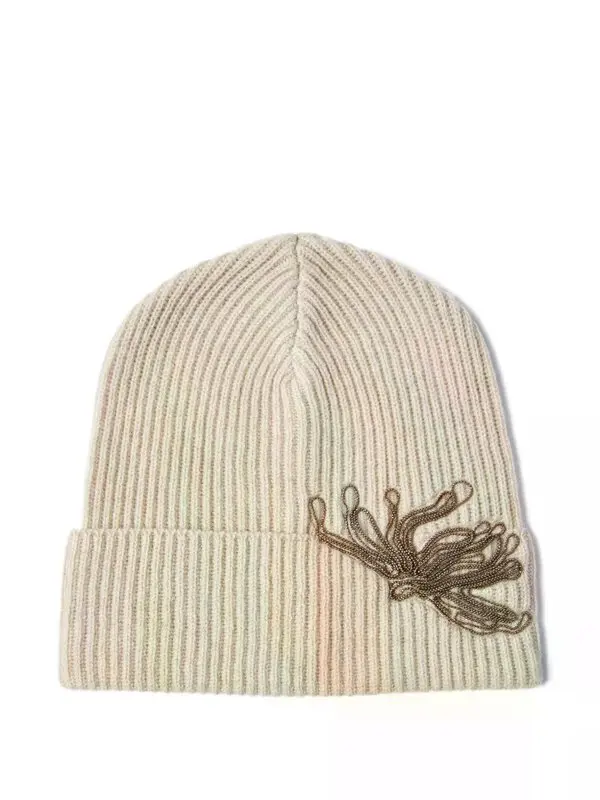 Brunello Cucinelli Ribbed Cashmere Beanie With Chain Embellishment - Neutrals