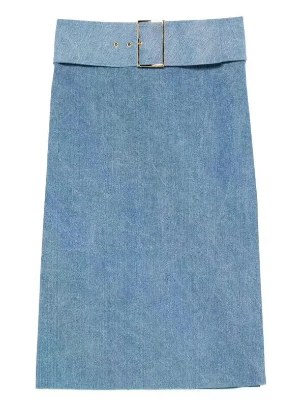 ROWEN ROSE Belted Denim Midi Skirt - Blue