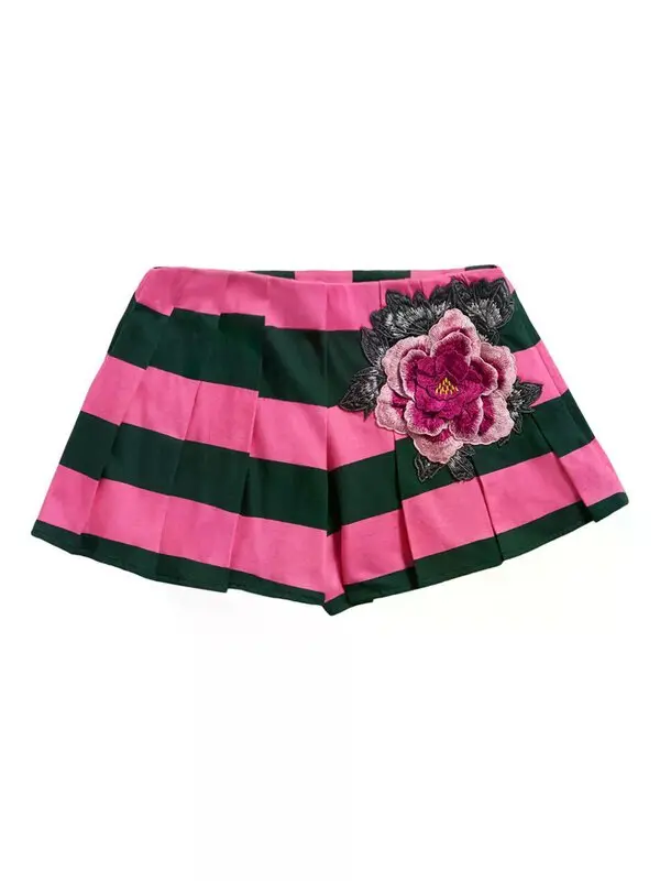 AREA Pleated Striped Shorts With Floral Embellishments