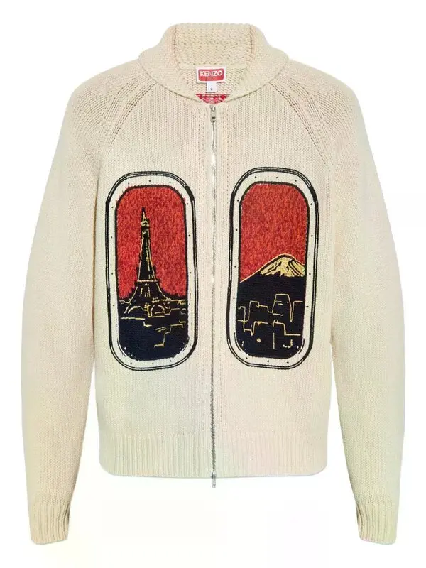 Kenzo Eiffel Tower And Mount Fuji Embroidered Wool Cardigan