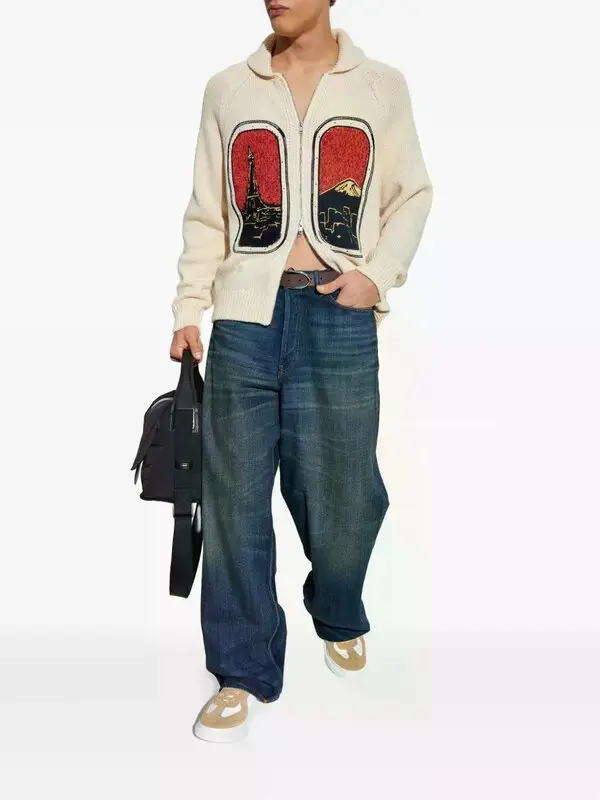 Kenzo Eiffel Tower And Mount Fuji Embroidered Wool Cardigan