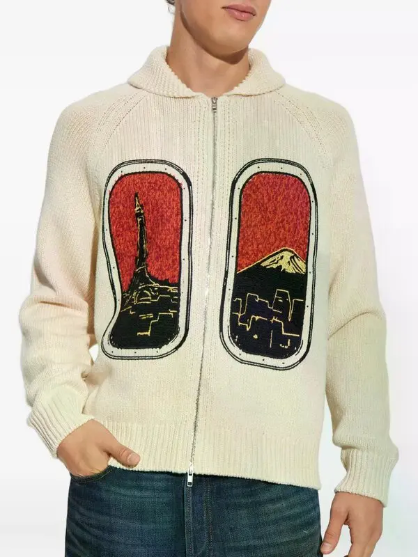 Kenzo Eiffel Tower And Mount Fuji Embroidered Wool Cardigan