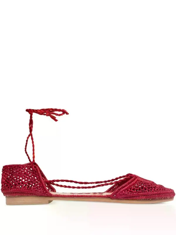 SLO_HAND_MADE Lace-up Raffia Ballet Flats - Red