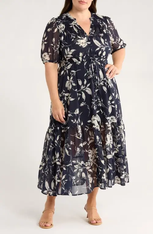 GIBSONLOOK Kira Print Drawstring Maxi Dress - Navy White Floral