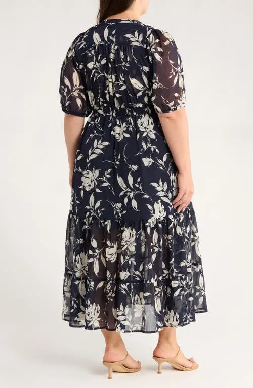 GIBSONLOOK Kira Print Drawstring Maxi Dress - Navy White Floral