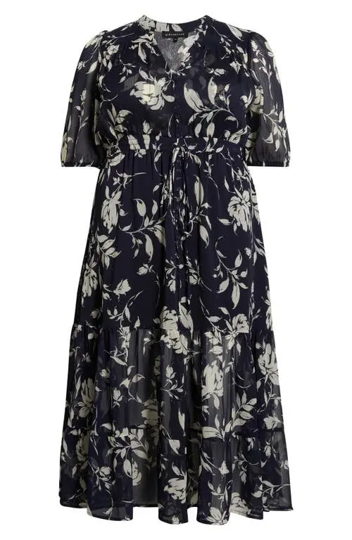 GIBSONLOOK Kira Print Drawstring Maxi Dress - Navy White Floral