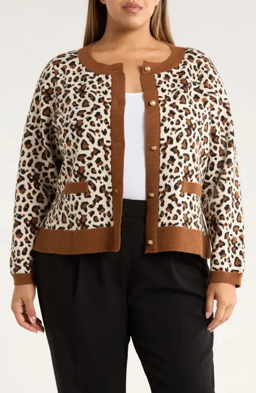 TAHARI ASL Leopard Jacquard Knit Cardigan With Crest Buttons