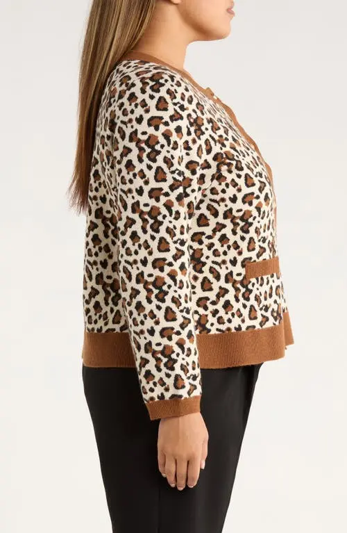 TAHARI ASL Leopard Jacquard Knit Cardigan With Crest Buttons