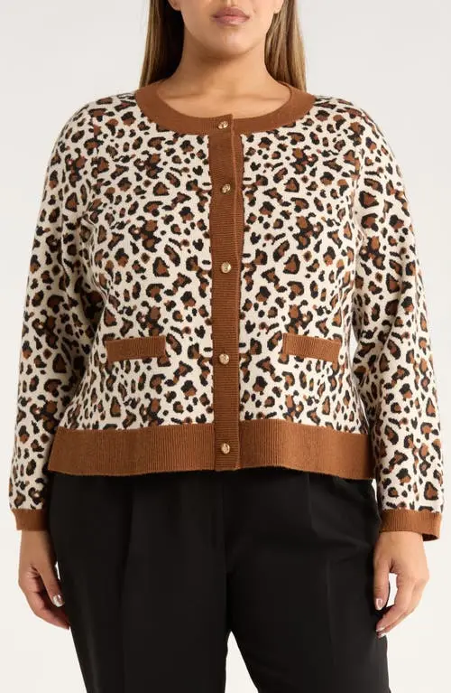 TAHARI ASL Leopard Jacquard Knit Cardigan With Crest Buttons