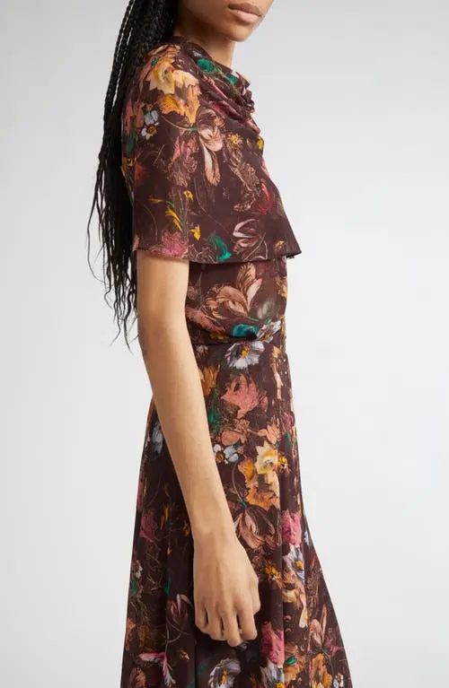 Lela Rose Floral Chiffon Cowl Neck Top