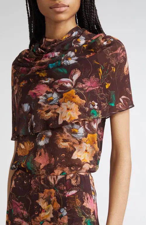 Lela Rose Floral Chiffon Cowl Neck Top