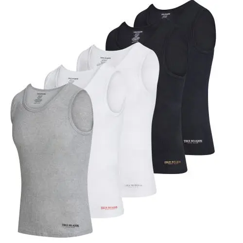 True Religion Ribbed Cotton Tank Top 5 Pack - White/grey/blk
