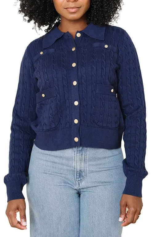 HOPE & HENRY Organic Cable Knit Collared Cardigan Sweater - Navy Cable