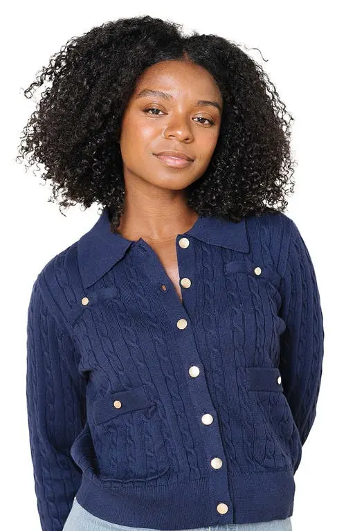 HOPE & HENRY Organic Cable Knit Collared Cardigan Sweater