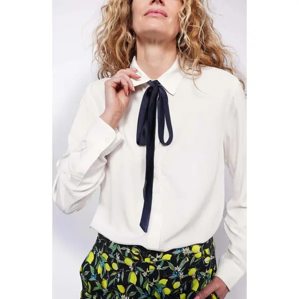WILDFANG The Empower Long Sleeve Bow Button-up - White/navy