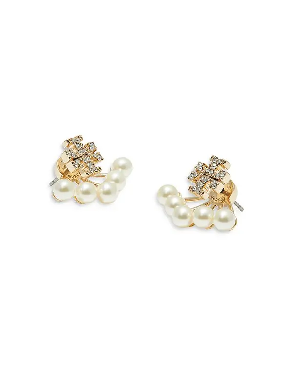 Tory Burch Pave Double T & Imitation Pearl Front To Back Earrings - Gold