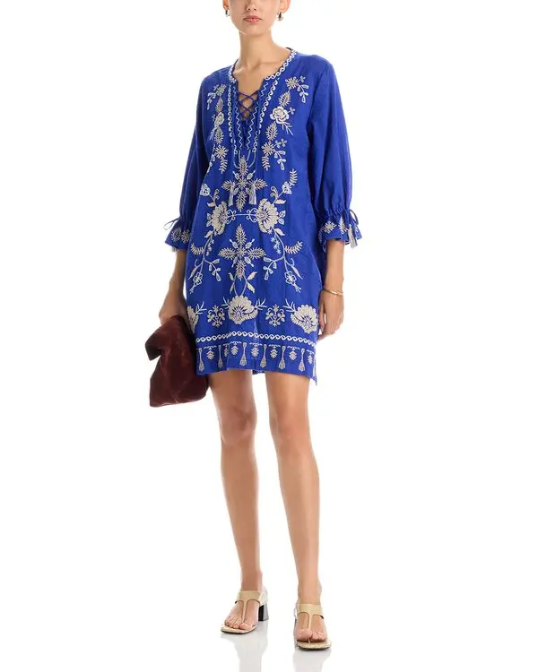 Johnny Was Tie-front Kimono Sleeve Embroidered Dress