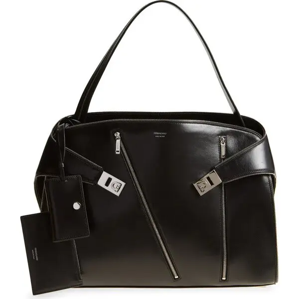 FERRAGAMO Medium Hug Multizip Shoulder Bag - Nero