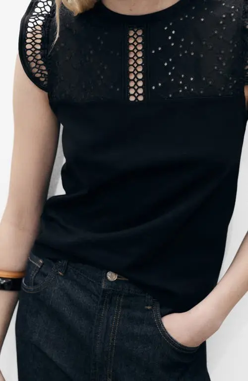 Mango Embroidered Eyelet Cotton Top - Black
